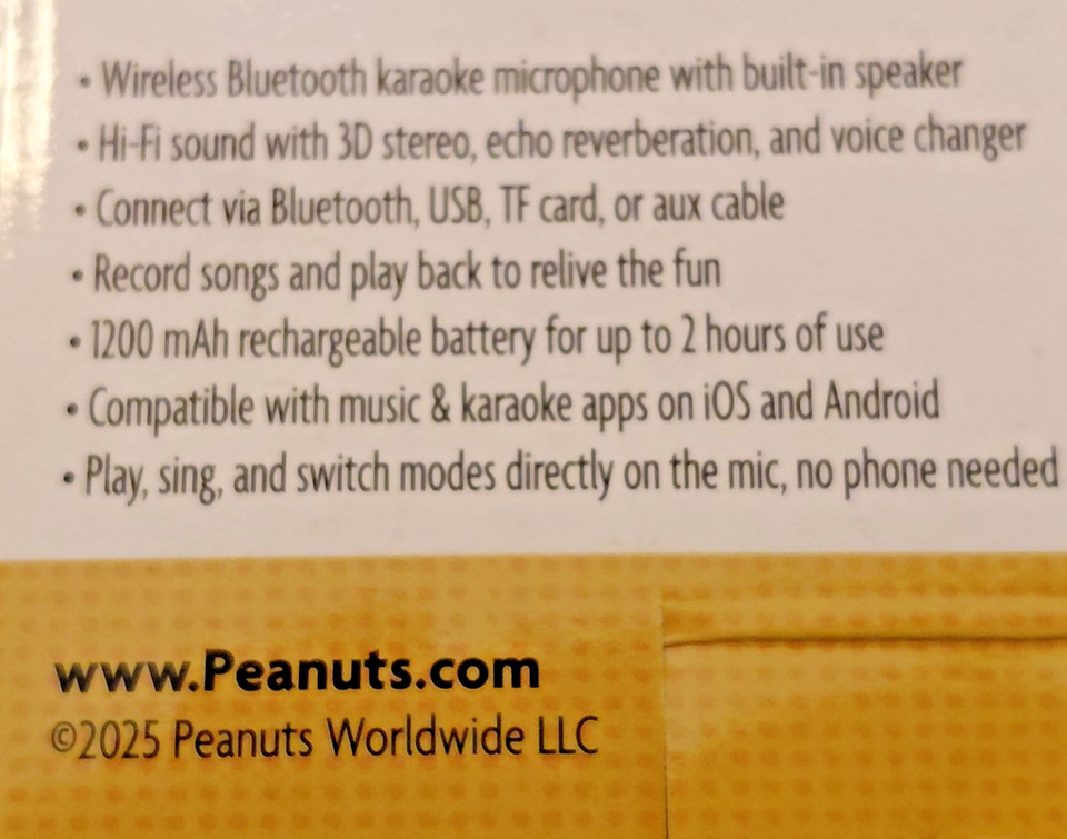PEANUTS SNOOPY WIRELESS KARAOKE MICROPHONE BLUETOOTH SPEAKER SOUND ...