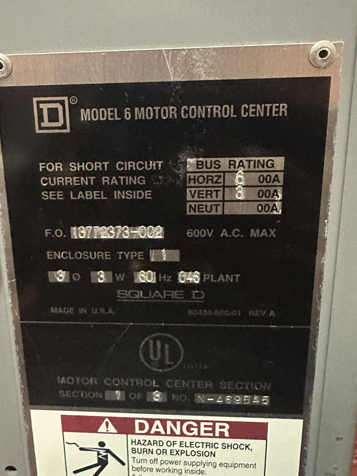 SQUARE D MODEL 6 MOTOR CONTROL CENTER MCC 3 SECTION 300 AMP VERTICAL ...