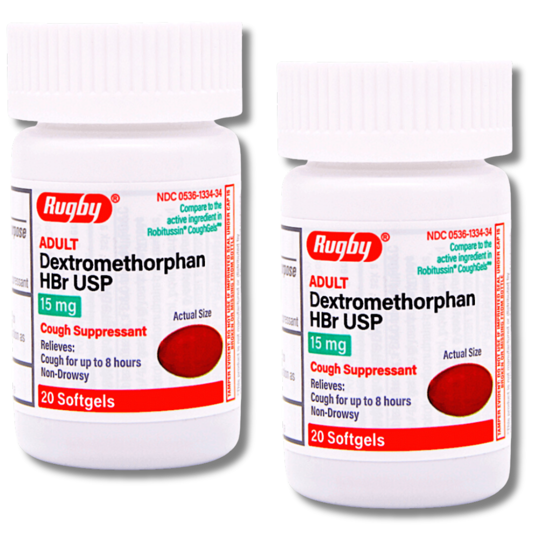 Rugby Dextromethorphan HBr 15mg - 20 Softgels | Robitussin 3-2025 (2 ...