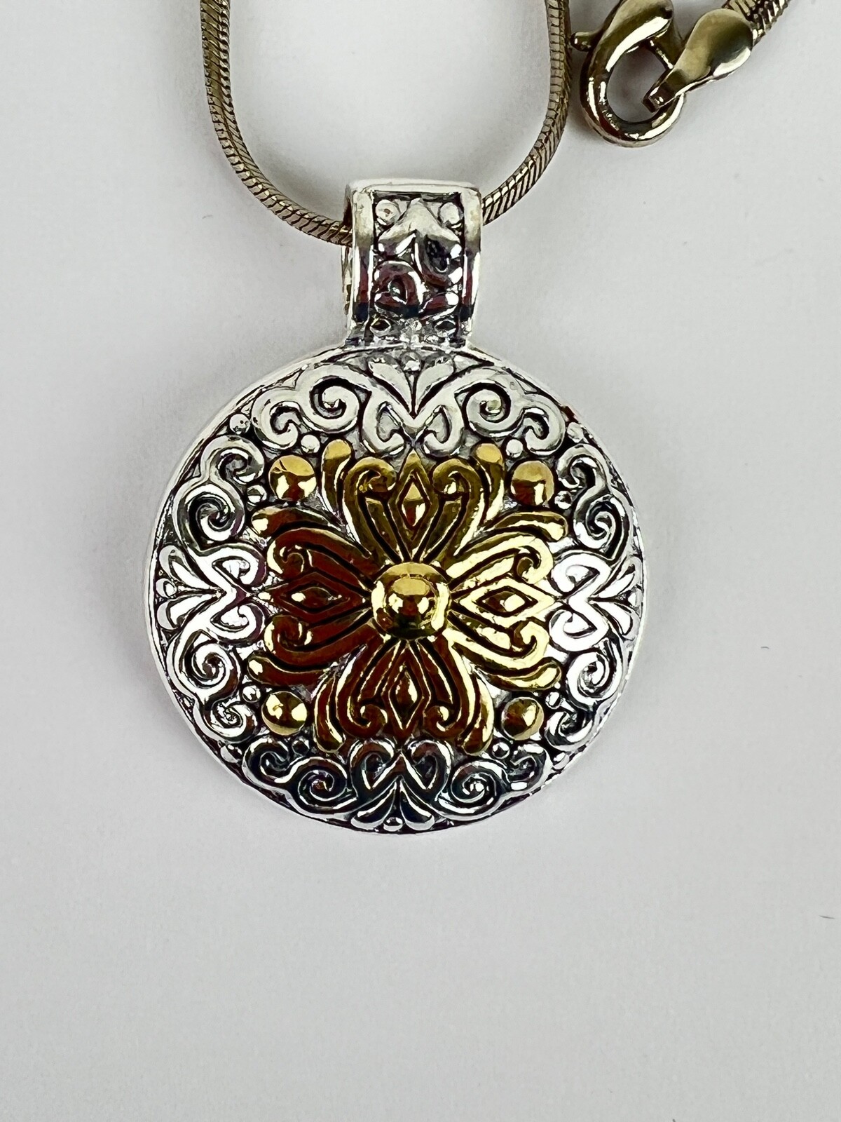 RMN Roman Silver & Gold Tone Ornate Round Disc Pendant 18" Serpentine ...