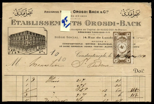 Y114 Turkey CONSTANTINOPLE 1914 invoice of Great commercial business ...