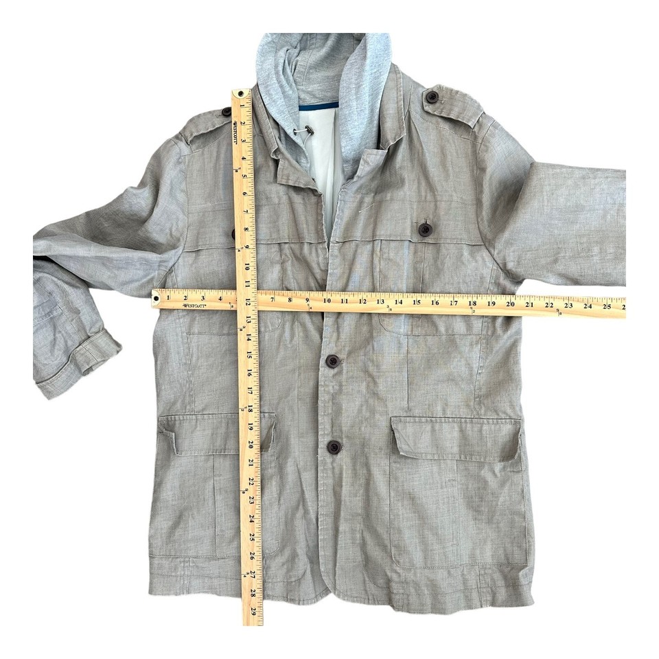 Edge by WD NY Mens Large Gray Linen Field Jacket Attached Hoodie Pocket ...
