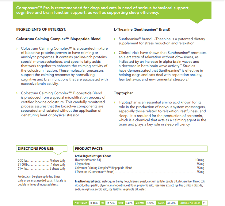 VetriScience Composure Pro for Dogs and Cats, 60 Chews Exp 12/24 ...