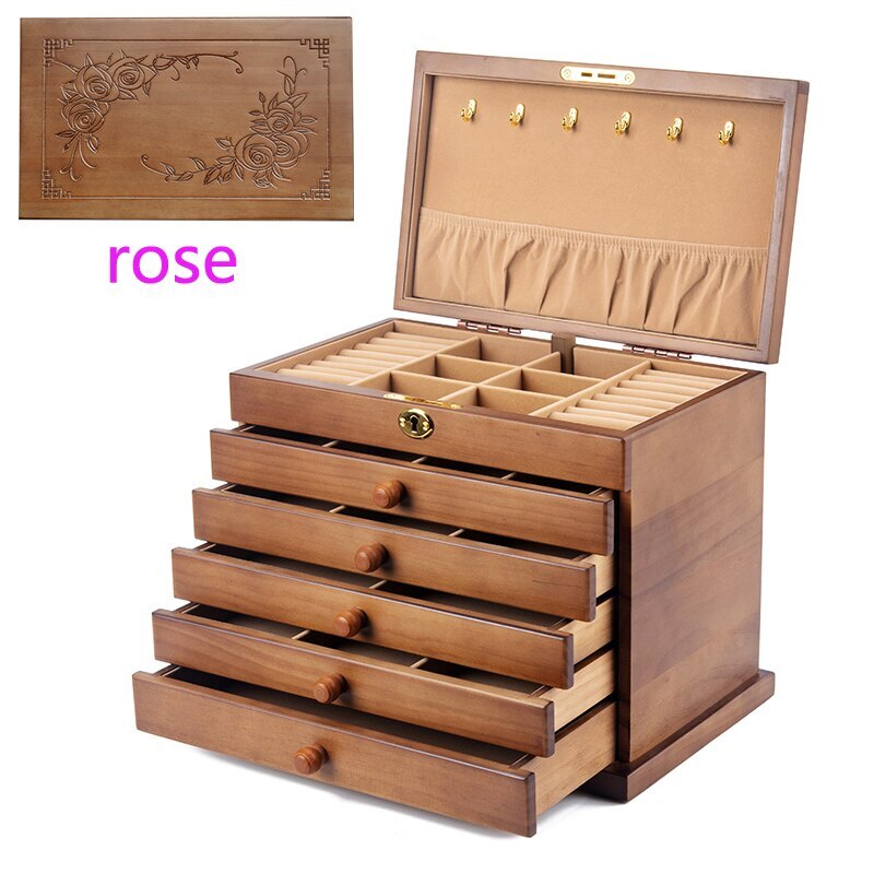 Solid Wood Six-Layer Jewel Box Large Capacity With Lock Earring ...