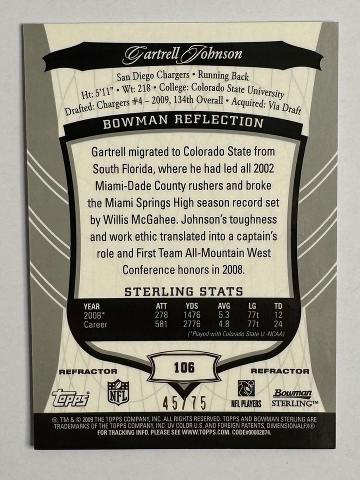 Gartrell Johnson 2009 Bowman Sterling REFRACTOR RC AUTO #106 Chargers ...