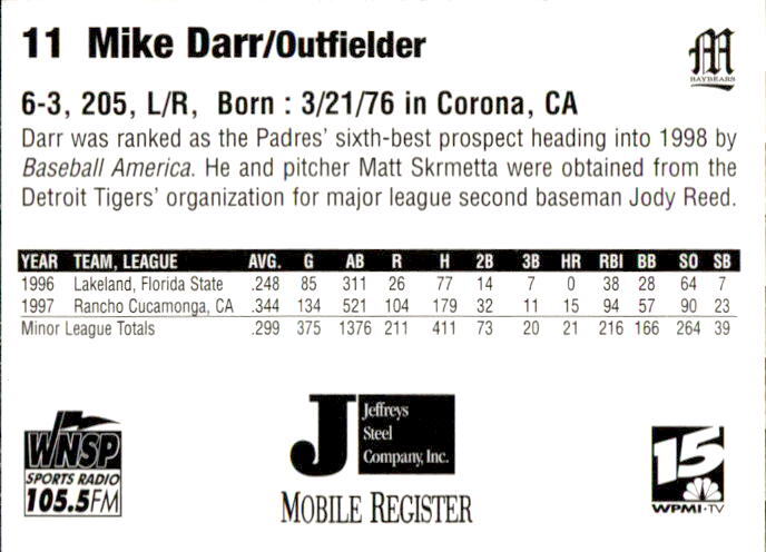 1998 Mobile Bay Bears Team Issue #7 Mike Darr Corona California CA ...