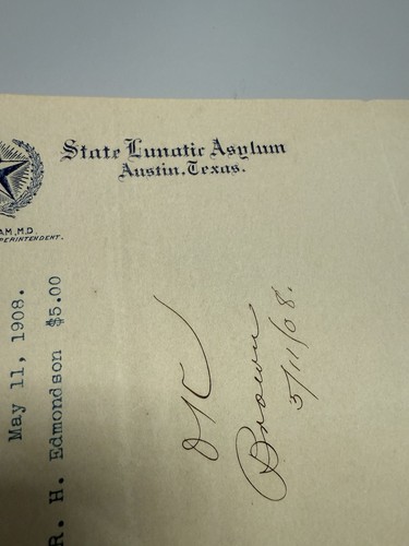 1908 State Lunatic Asylum Austin Texas TX Old Vintage Letterhead ...