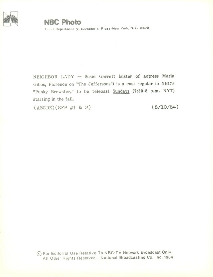 SUSIE GARRETT Actress 7x9 Promo Press NBC Photo 1984 TV Series PUNKY ...