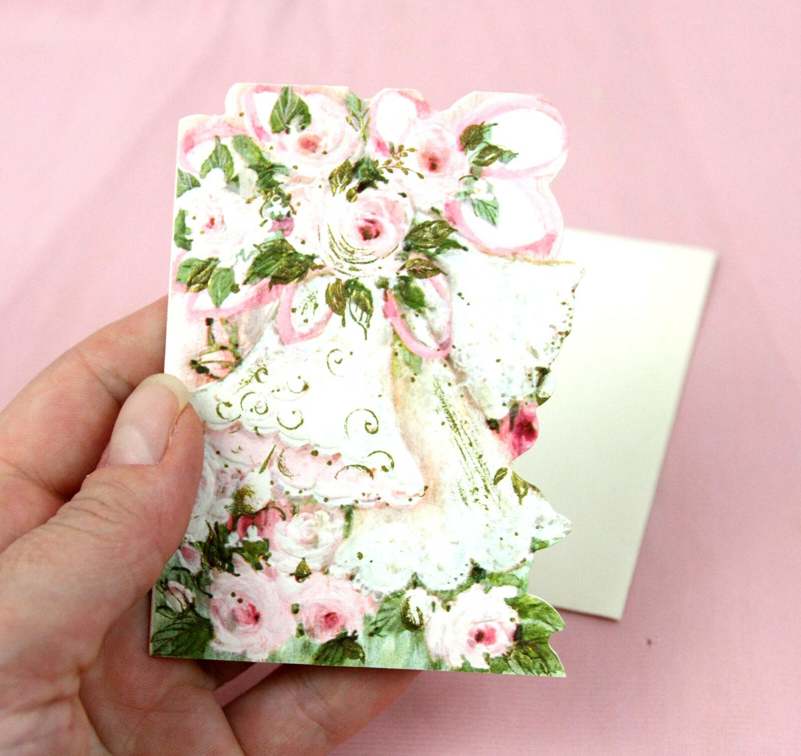 Vintage Hallmark Wedding Gift Card w Envelope UNUSED Bells Floral Pink ...