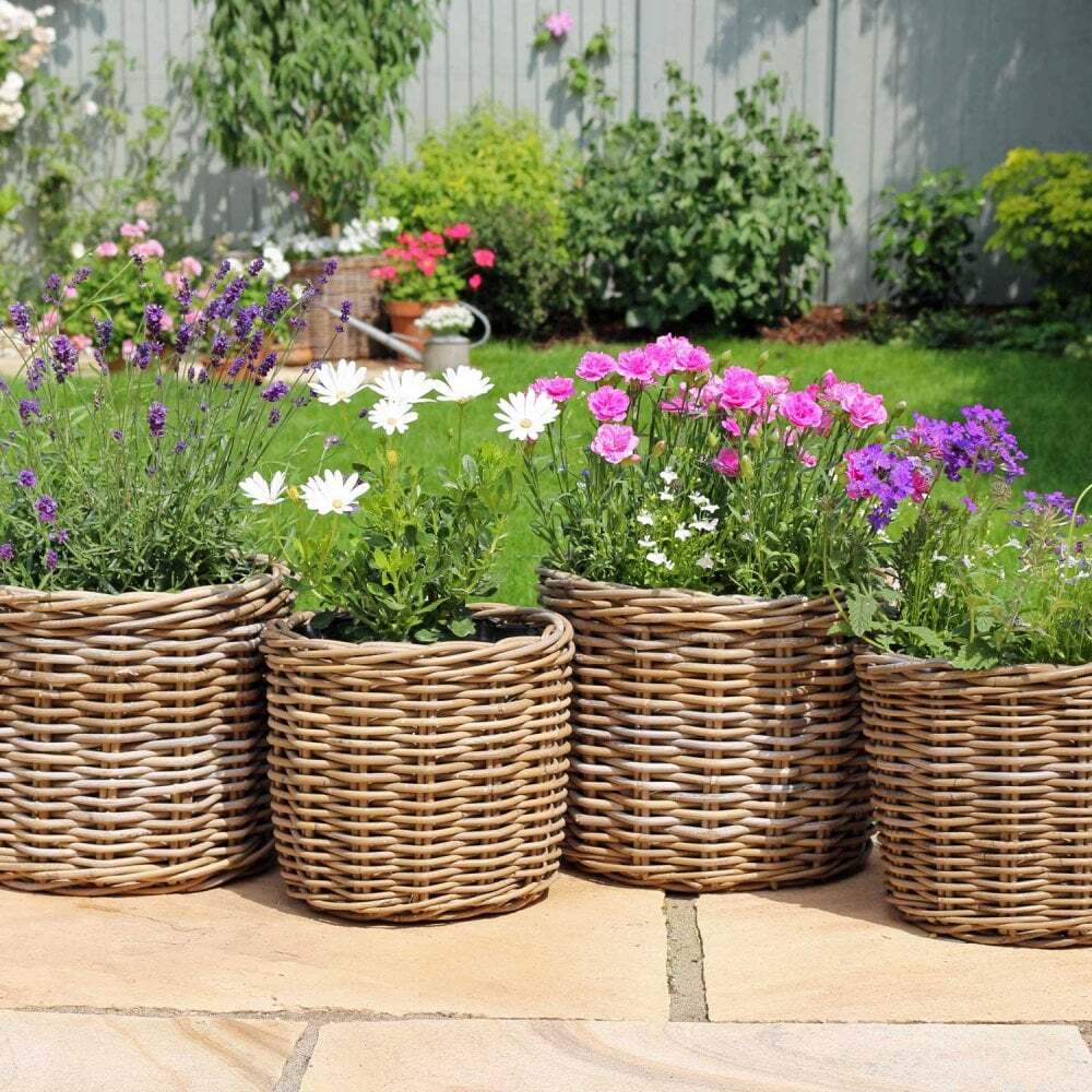 Grey & Buff Rattan Round Wicker Planter Plant Pot Flower Woven Lined ...