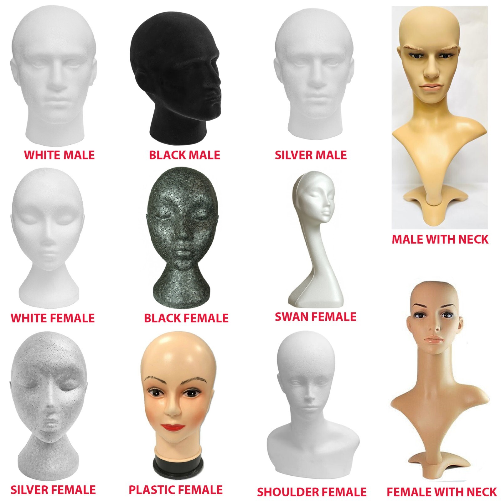 MANNEQUIN DISPLAY HEAD POLYSTYRENE FOAM/ PLASTIC MALE FEMALE SWAN ...