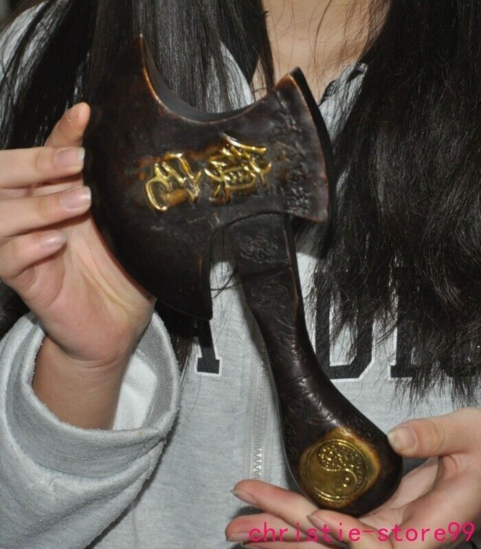 10'' old Chinese bronze Gilt“镇宅”Exorcism hatchet tomahawk Ax Axe statue ...