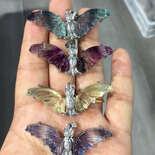 1pc Natural fluorite quartz carved Halloween bat pendant crystal reiki ...