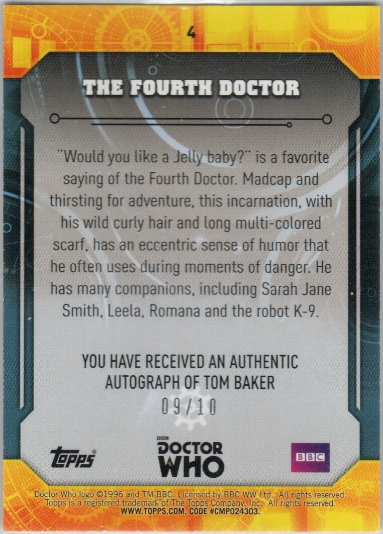 TOM BAKER Autograph card- Doctor Who Signature Series 2017 (#9/10) VERY ...