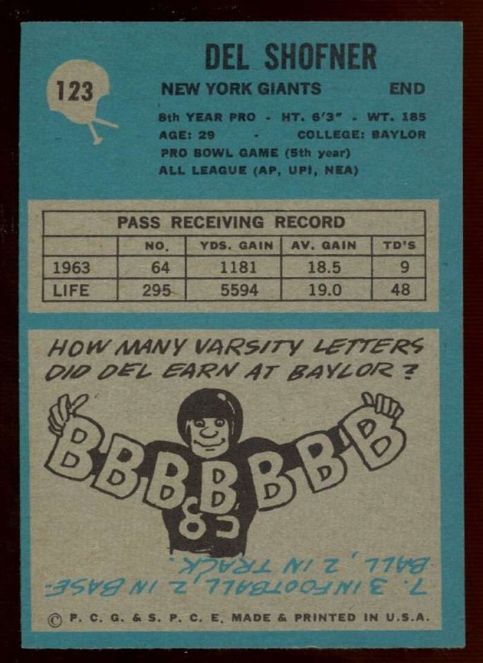 1964 Philadelphia FB #123 Del Shofner NM+ NY Giants 70963 | eBay