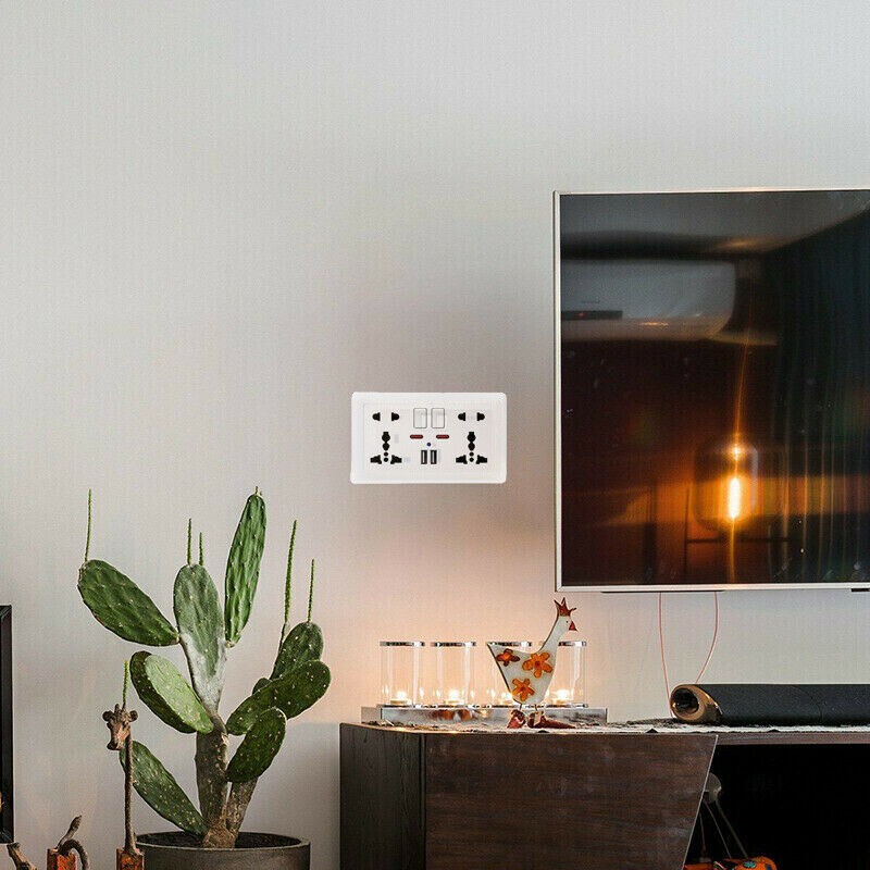2 Gang Double Wall Plug Socket with 2 USB Charger Ports Switched Socket ...