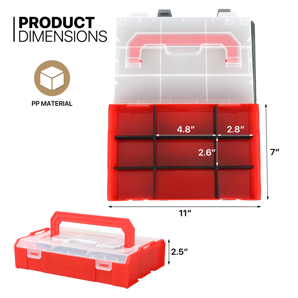 9 Grids 3-in-1 Red Tool Storage Box Clear Plastic w/Adjustable Dividers ...