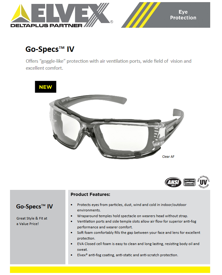 Elvex Go Specs IV Safety/Glasses/Goggles Clear A/F Dark Gray Temples ...