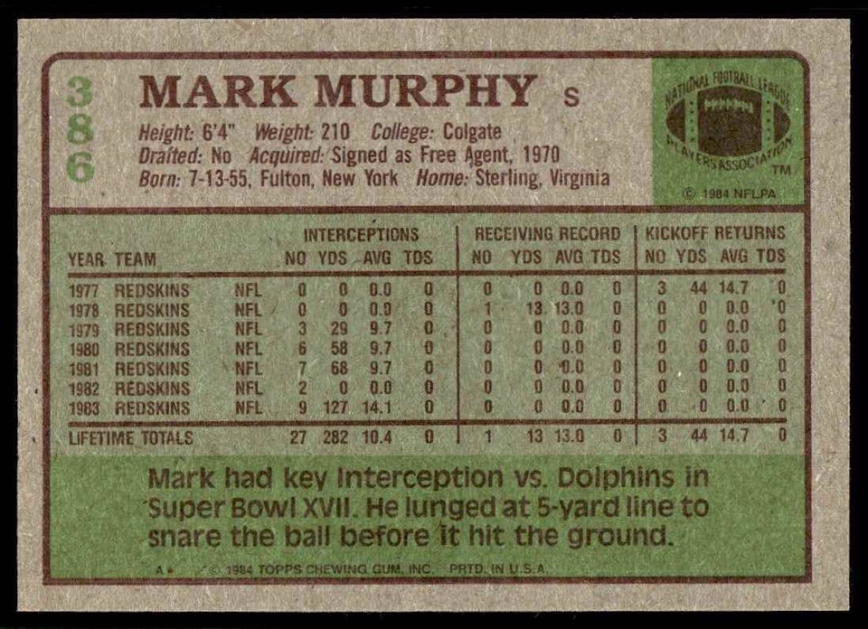 1984 Topps Football Mark Murphy Washington Redskins #386 | eBay