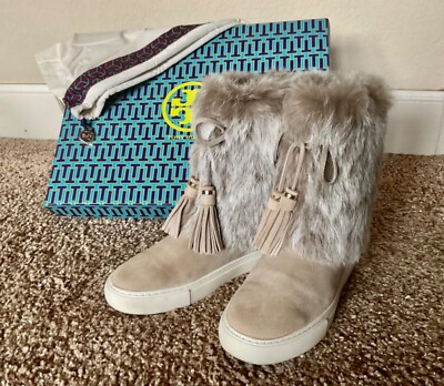 Tory Burch Angelica Suede Fur Boots Women Size 7 Tassel Rabbit Fur Pull ...