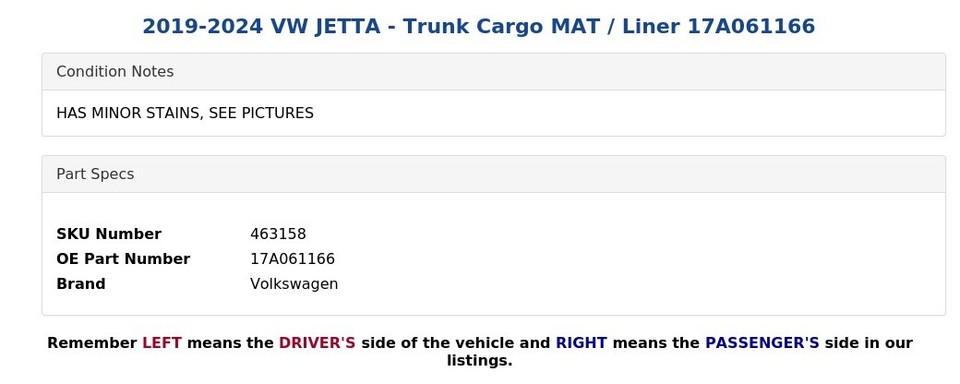 2019-2024 VW JETTA - Trunk Cargo MAT / Liner 17A061166 | eBay