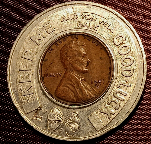 Vintage WICHITA KANSAS Encased GOOD LUCK PENNY 1951-D Lincoln Wheat Ear ...