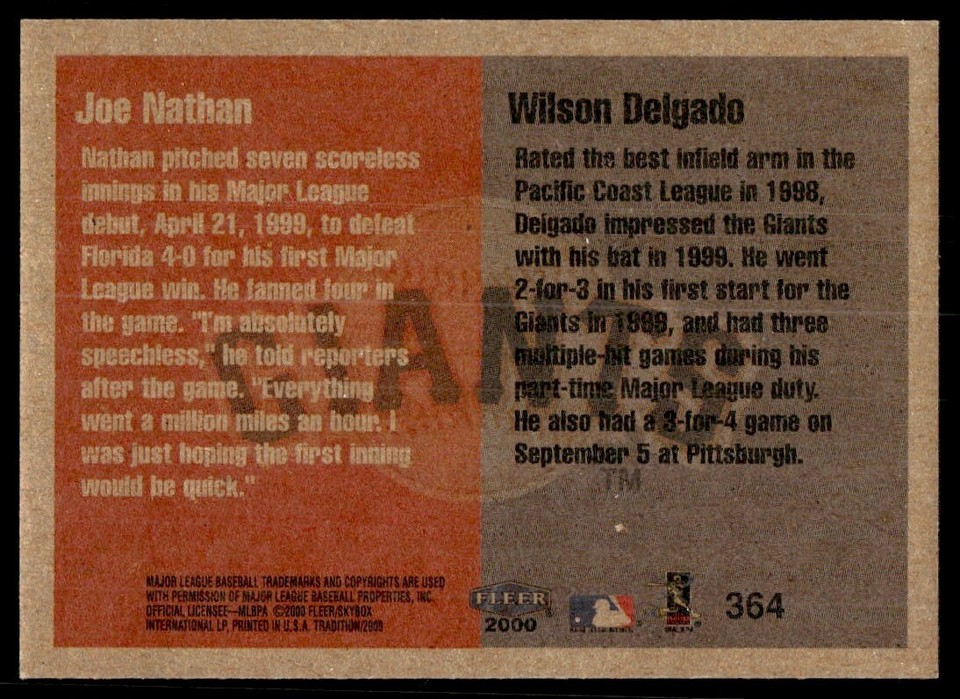 2000 Fleer Tradition Joe Nathan/Wilson Delgado San Francisco Giants ...
