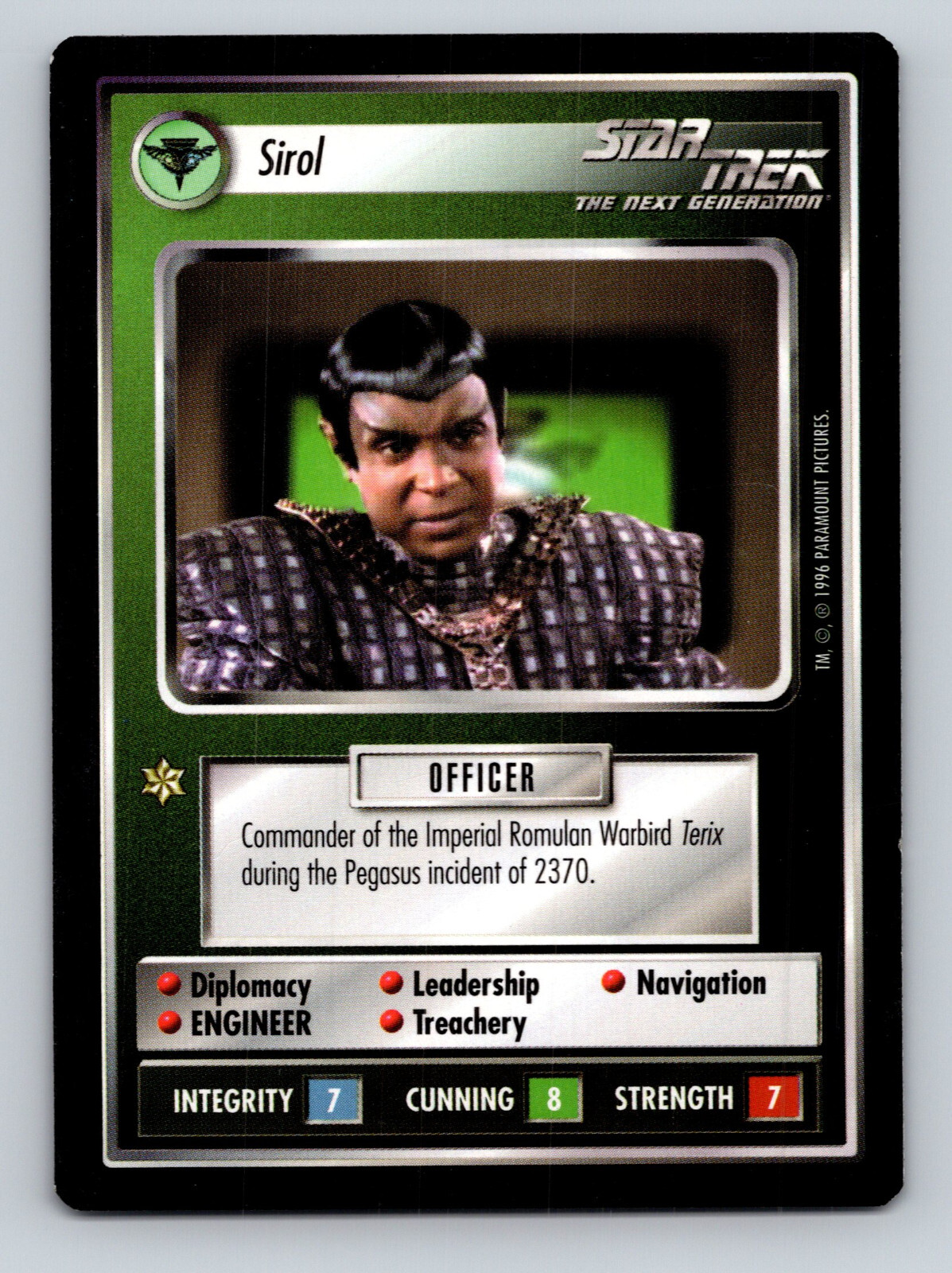 Star Trek CCG Officer Sirol Romulan Black Boarder Card STNG SciFi Green ...