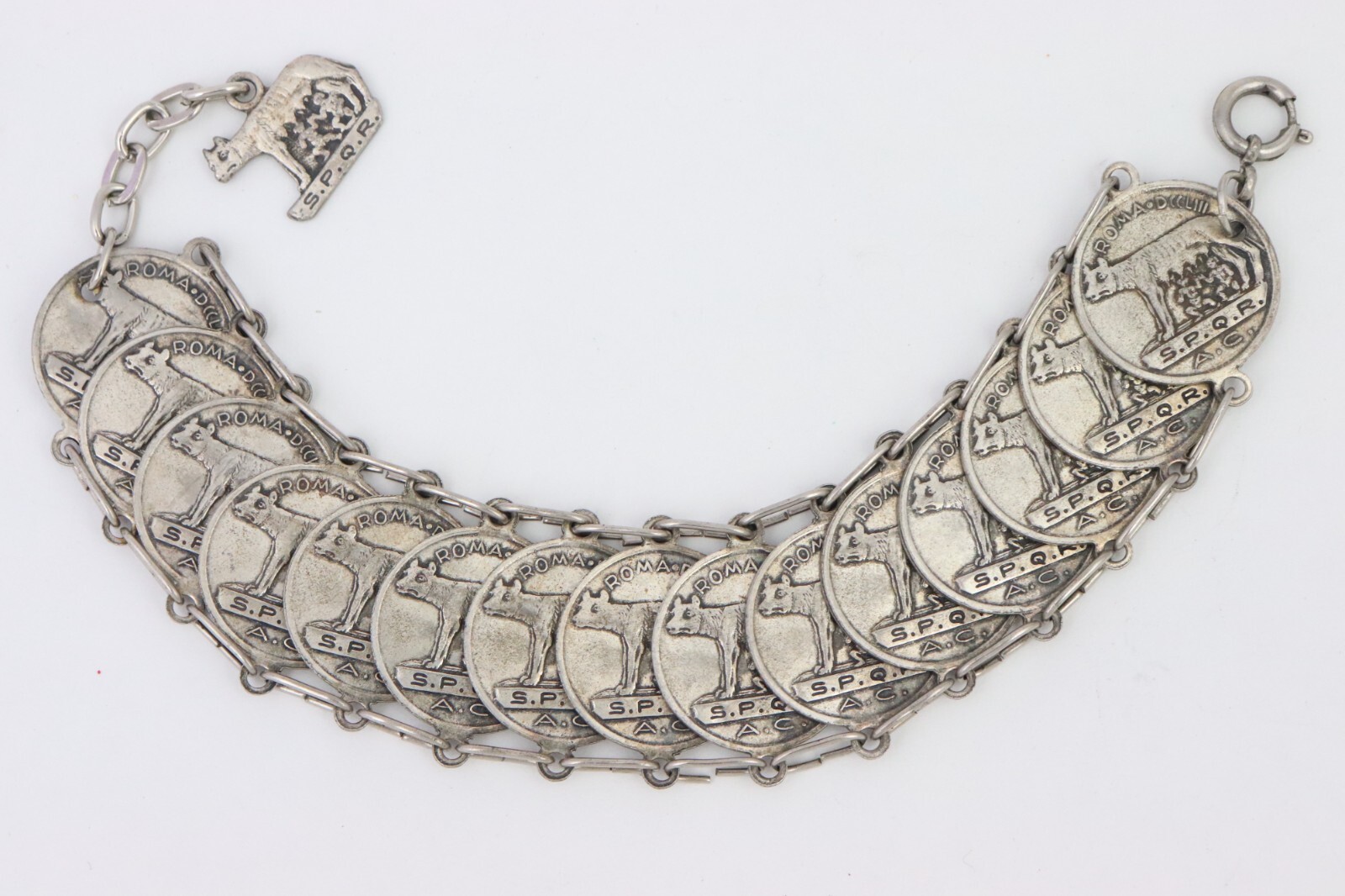 8" Vintage ROMA SPQR Coin Medallion Bracelet Roman Tourist Silver Tone ...