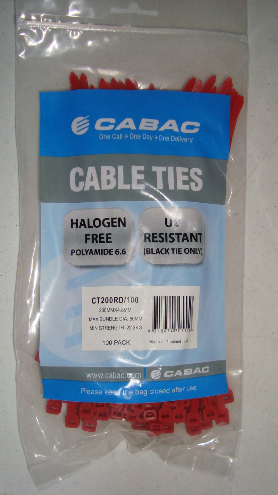 Cabac CT200 Cable Ties 200mm X 4.8mm Packs of 100 Red Blue or Yellow ...