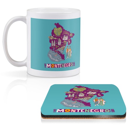 1 Mug & 1 Square Coaster Map Montenegro Attractions Turquoise #61049 ...