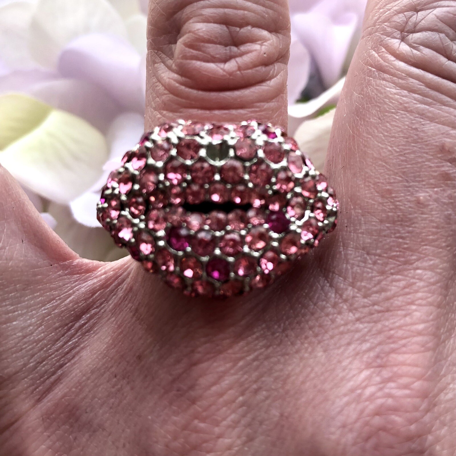 Chunky Lips Ring Pink Rhinestone Rocky Horror Silver Tone Statement ...