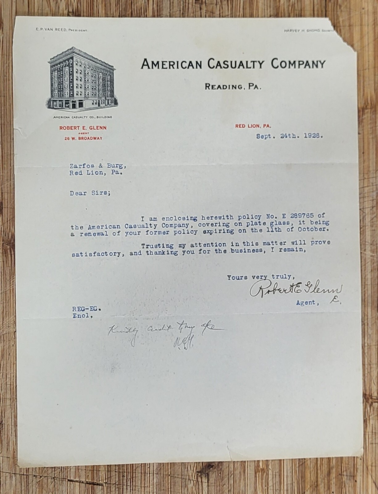 Letterhead 1928 Pennsylvania Red Lion American Casualty Company | eBay