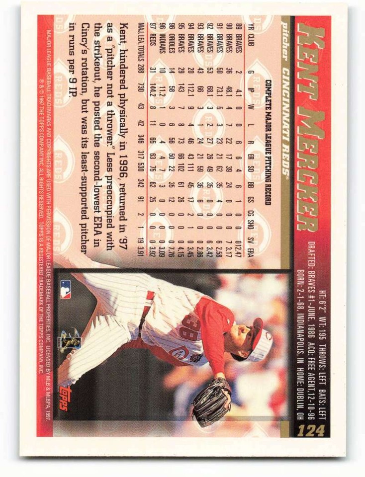 1998 Topps #124 Kent Mercker NM-MT Reds ID:180587 | eBay