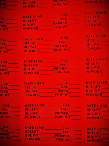 60 FLUORESCENT RED Reloading Data Labels Pistol or Rifle Ammo 30/ page ...