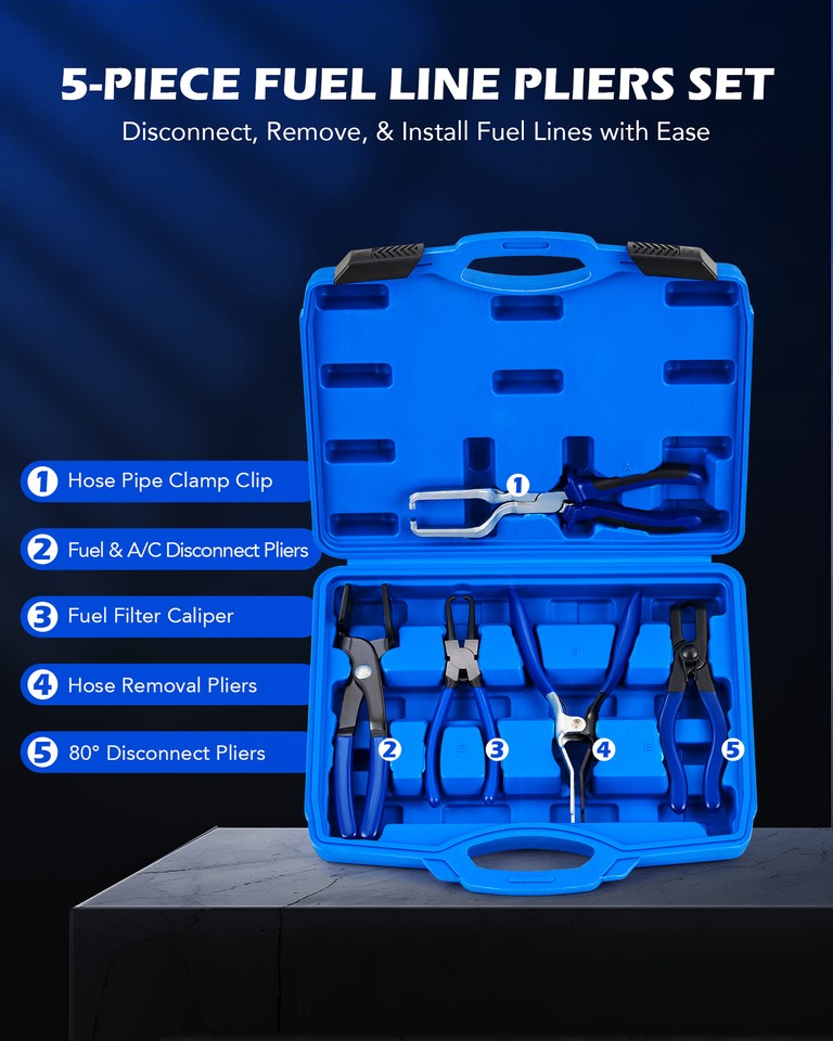 OMT 5pc Fuel Line Pliers Set with Fuel Filter Caliper Hose Pipe Clamp ...
