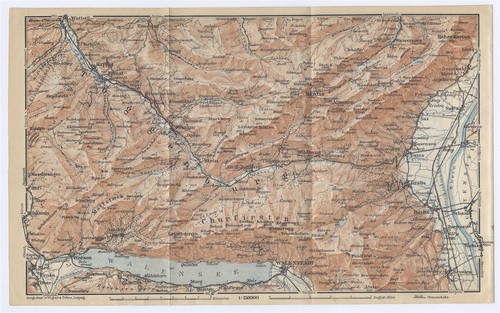 1930 VINTAGE MAP VICINITY OF WALENSEE WALENSTADT ST. GALLEN ALPS ...