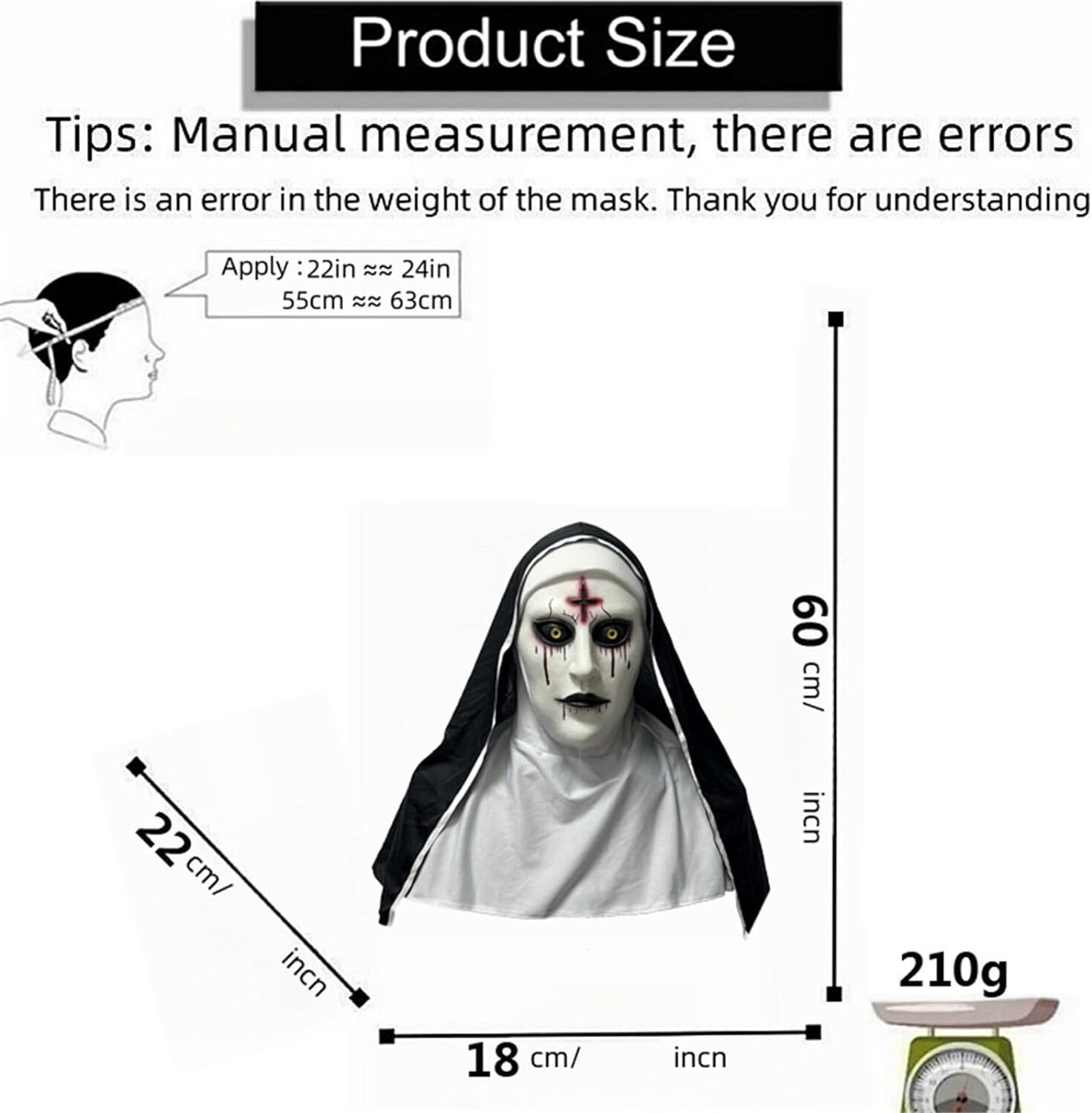 Horror Nun Mask with Cross Necklace,Bloody Scar Nun Mask,Realistic Nun ...