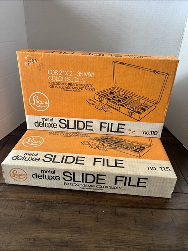 2 LOGAN METAL DELUXE SLIDE STORAGE CASES No. 110-115 for 2x2 inch ...