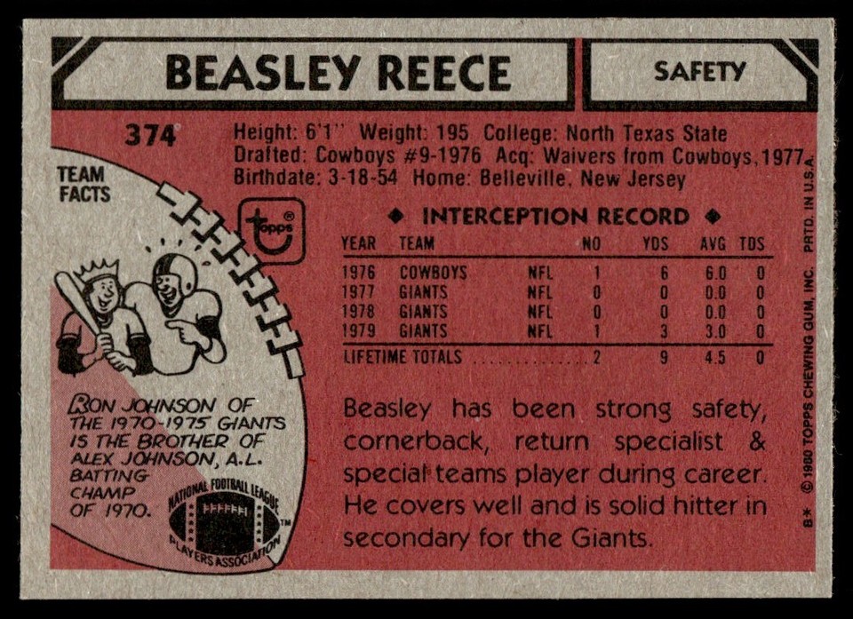 1980 Topps Beasley Reece Rookie New York Giants #374A | eBay