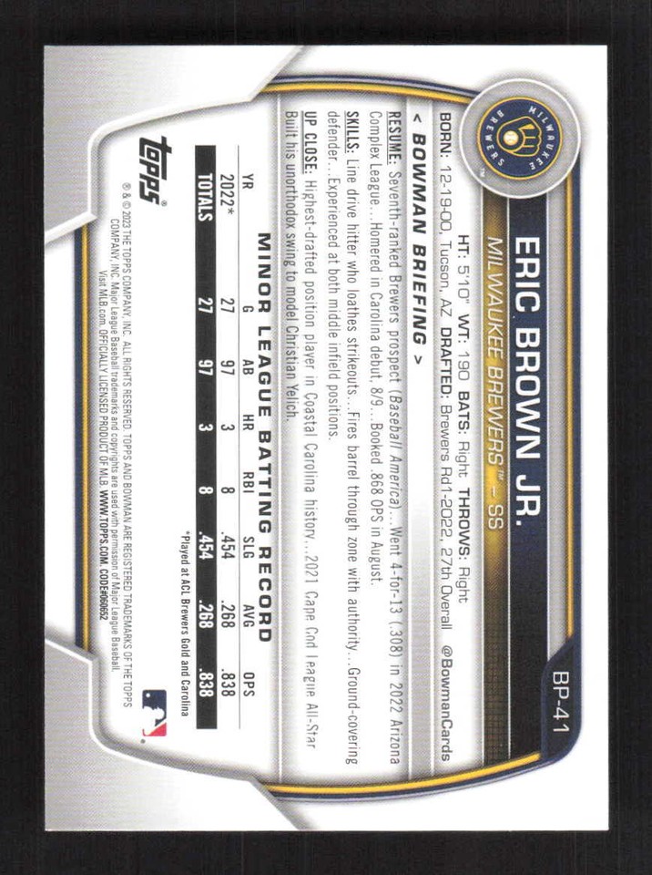 Eric Brown Jr. Prospect 2023 Bowman Milwaukee Brewers #BP-41 | eBay
