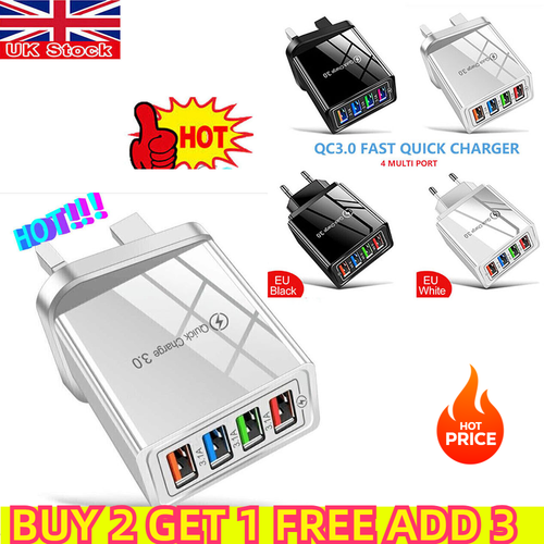4 Multi-Port Fast Quick Charge USB Hub Mains UK/EU Plug Adapter Wall ...