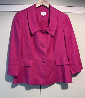 EAST UK 10 Cerise Pink Pure Linen Jacket. 3/4 Sleeves, Collar, Peplum ...