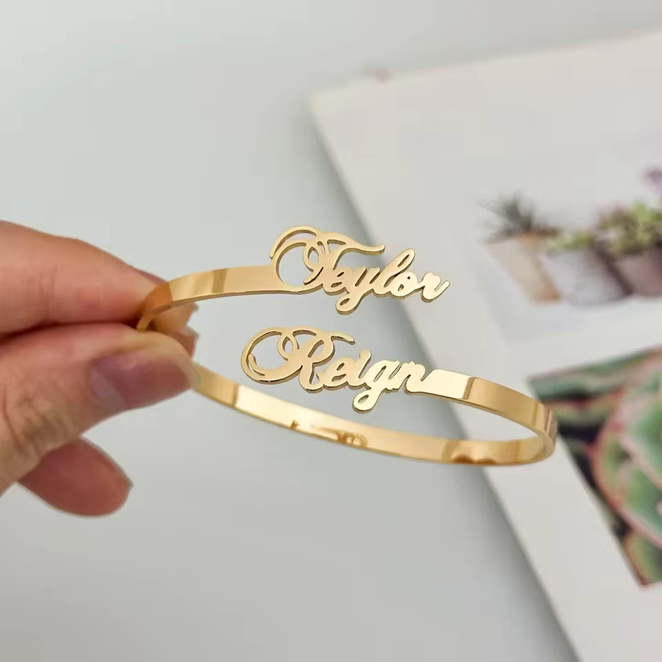 Custom Double Name Cuff Bangle Bracelet Personalized Two Names Jewelry ...