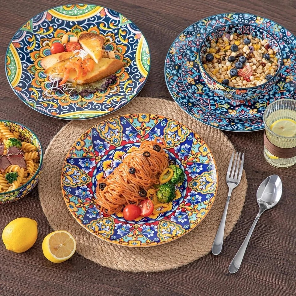 Floral Boho Dinnerwear Dish Set Ceramic Pates Bowls Bohemian Style, 12 ...