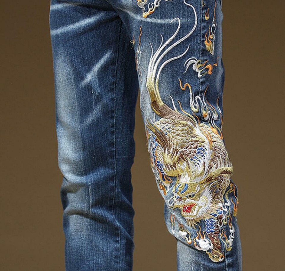 Men's Black Blue Dragon Embroidery Straight Stretch Jeans Denim Pants ...