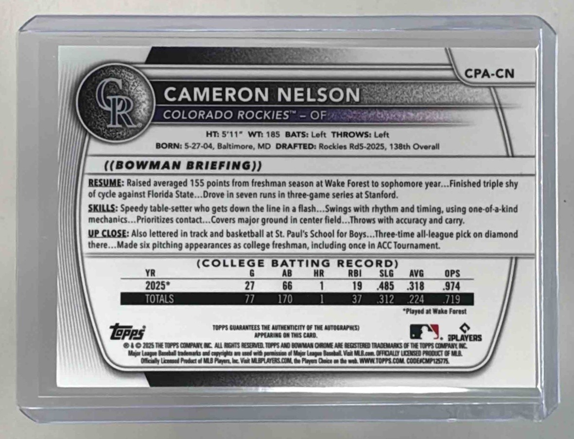 Cameron Nelson 2025 Bowman Draft Gold Wave Refractor Chrome Auto 1st RC ...