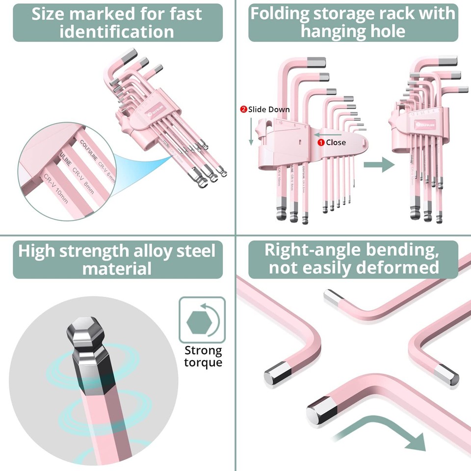 9 Pcs Pink Allen Key Set Long Ball End Hex Key Set Crv Allen Wrench Set ...