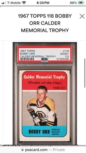 Bobby Orr NHL Bruins 1967 TOPPS PSA 2.5 Calder Memorial Trophy Rookie ...