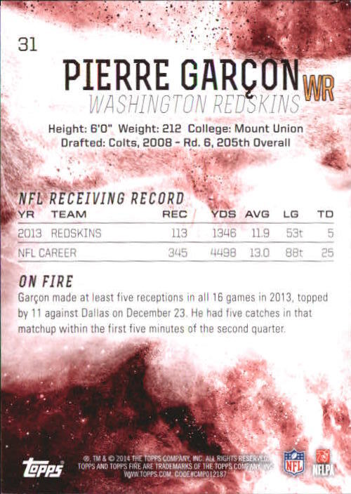 2014 Topps Fire Purple Washington Redskins Football Card #31 Pierre ...